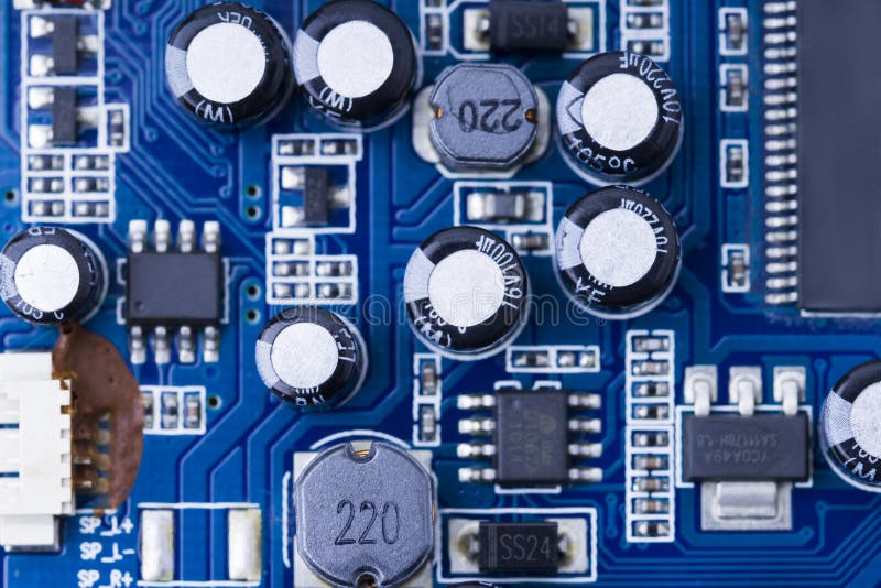 Blue Printed Circuit Board with Microchips and Many Electrical ...