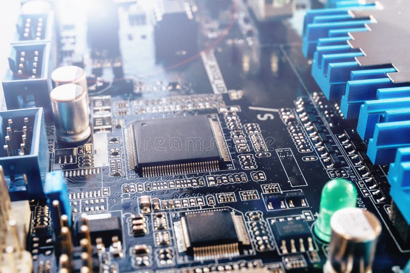 Blue Printed Circuit Board with Microchips and Many Electrical ...