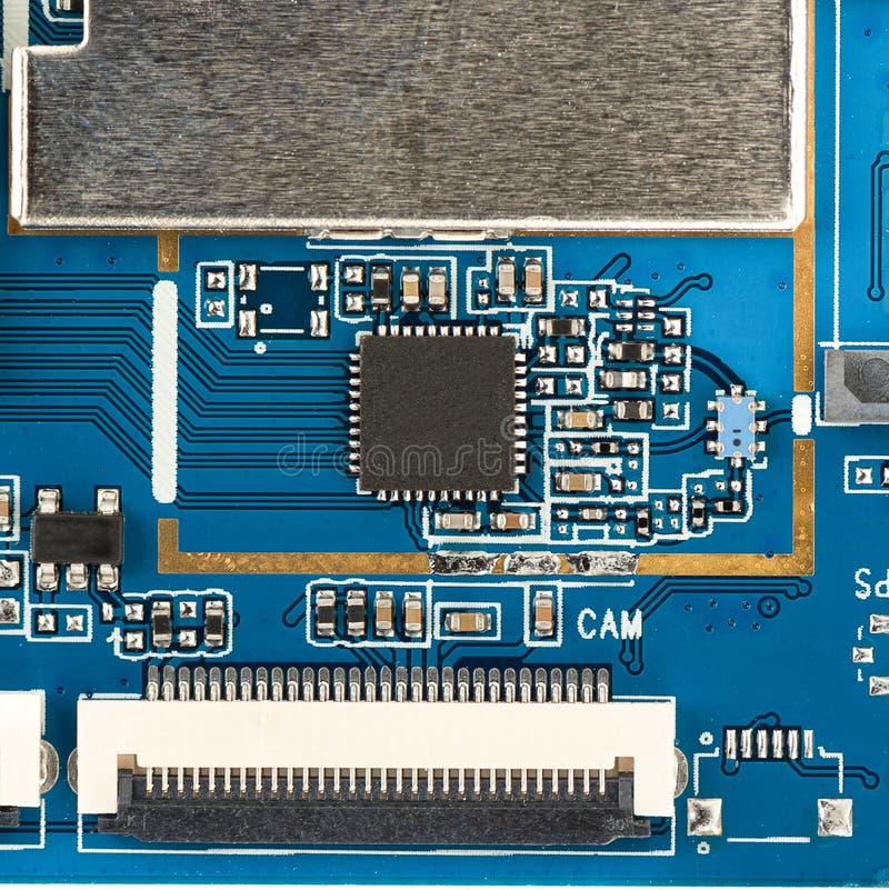 Blue Printed Circuit Board with a Microcircuit, Radio Components and a ...