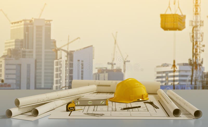 Blue Prints with Tool and Building Under Construction Background. Stock ...