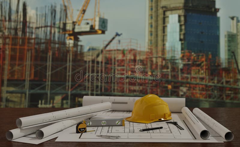 Blue Prints with Tool and Building Under Construction Background. Stock ...
