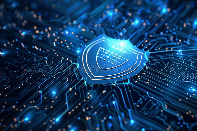 Blue Protective Shield Integrated on Detailed Electronic Circuit Board ...