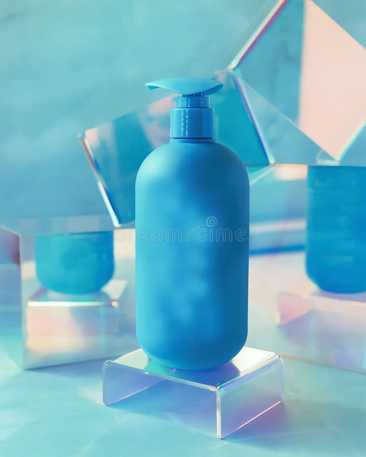 A Blue Pump Bottle Sits on an Iridescent Platform. the Background ...
