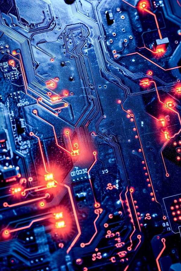 Blue and Purple Circuit Board with Red Lights Showing Close Up of ...