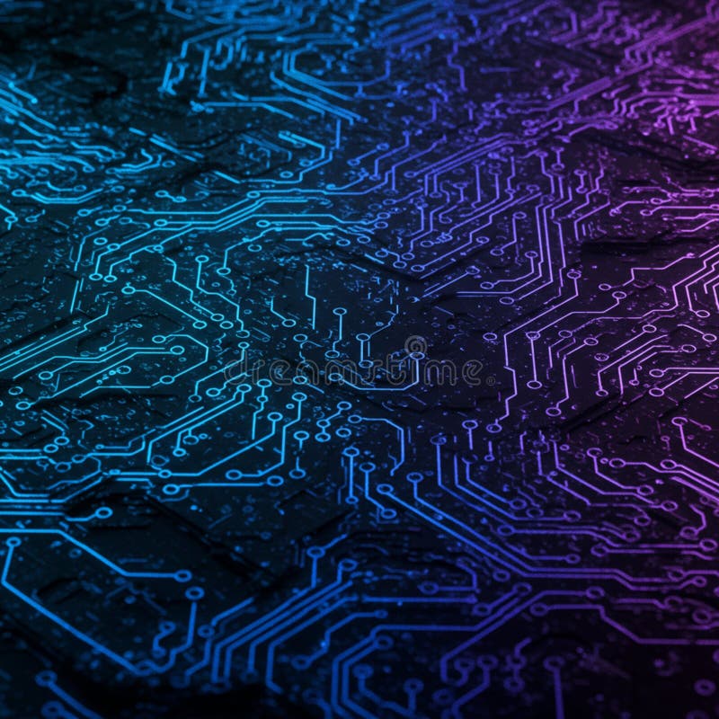 Blue and Purple Circuit Patterns are Intricately Etched Across a Dark ...