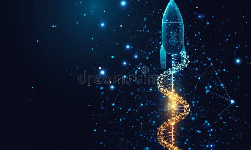 A Blue and Purple 3D DNA Helix with an Abstract Flying Rocket ...