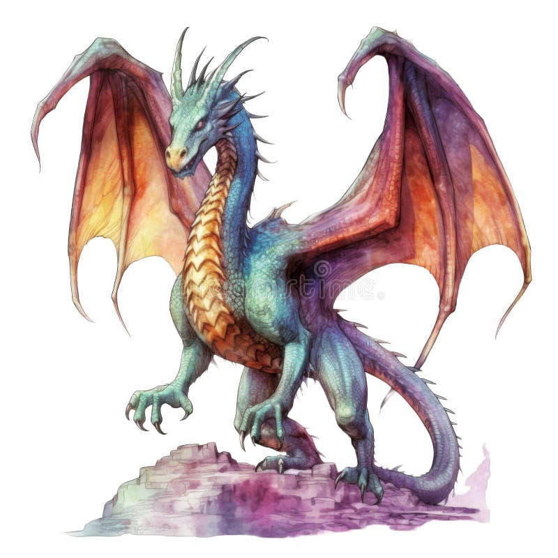 A Blue and Purple Dragon with Spikes and Wings on a Rock Stock Image ...