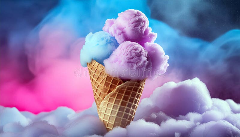 A Blue and Purple Ice Cream Cone with Three Scoops of Ice Cream in it ...