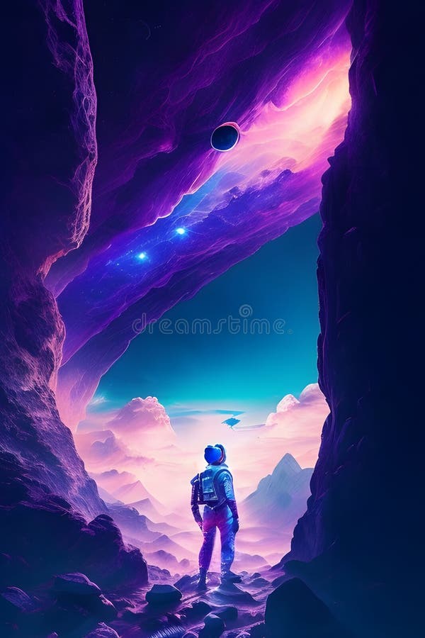 A Blue and Purple Image of a Robot in the Sky with the Stars Stock ...