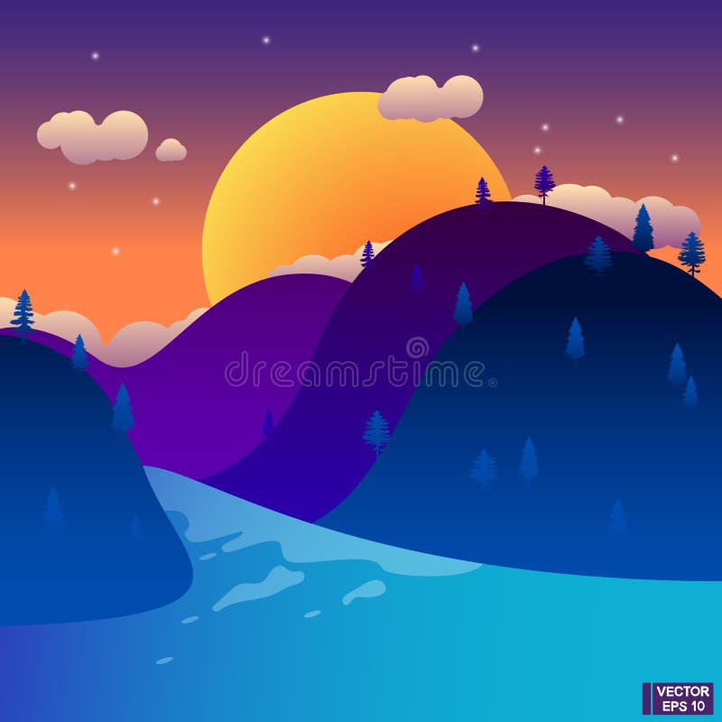 Blue Purple Landscape with Sun Setting Over the Hills Stock ...
