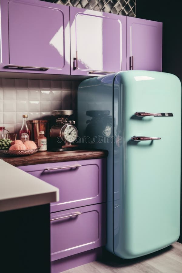 A Blue and Purple Refrigerator in a Kitchen. Generative AI Image. Stock ...