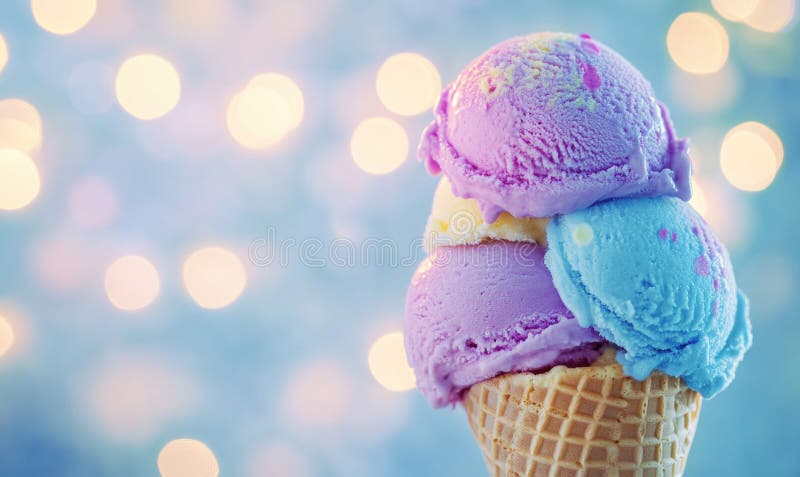 A Blue, Purple, and Yellow Ice Cream Cone with Three Scoops of Ice ...