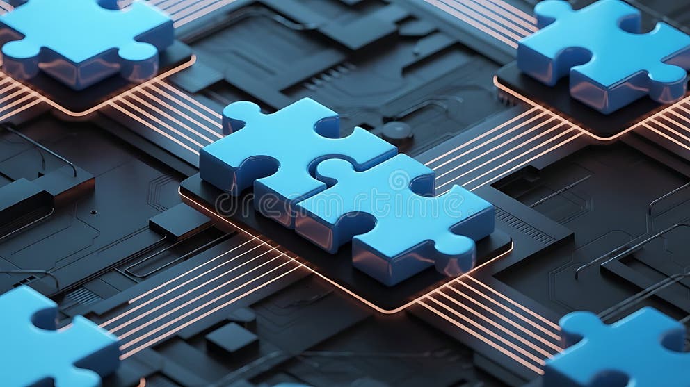 Blue Puzzle Pieces Interconnected on Digital Circuit Board Representing ...