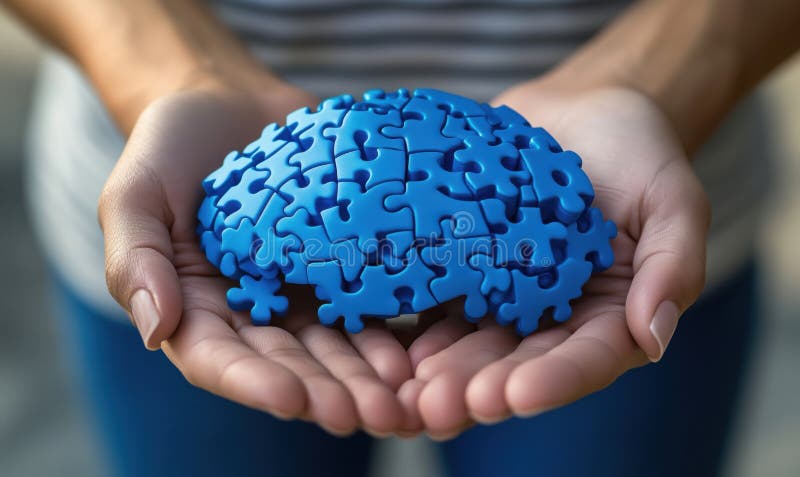 Blue Puzzle Pieces Shaped Like Brain Held in Hands Symbolizing Mental ...
