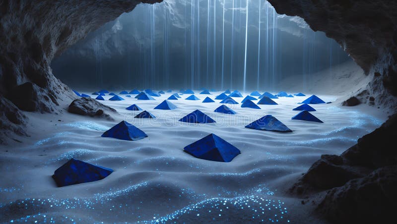 Enigmatic Blue Pyramids in a Luminous Cave Stock Illustration ...