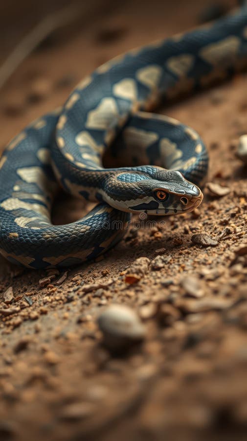 Stunning Close-up of a Blue Python Resting on the Ground in a Warm, Natural Habitat Surrounded ...