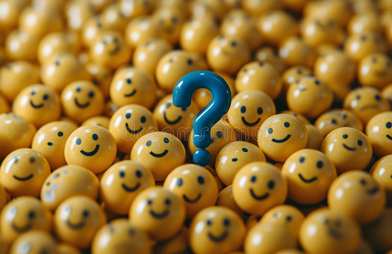 Blue Question Mark among Smiley Faces on Yellow Background Concept of ...