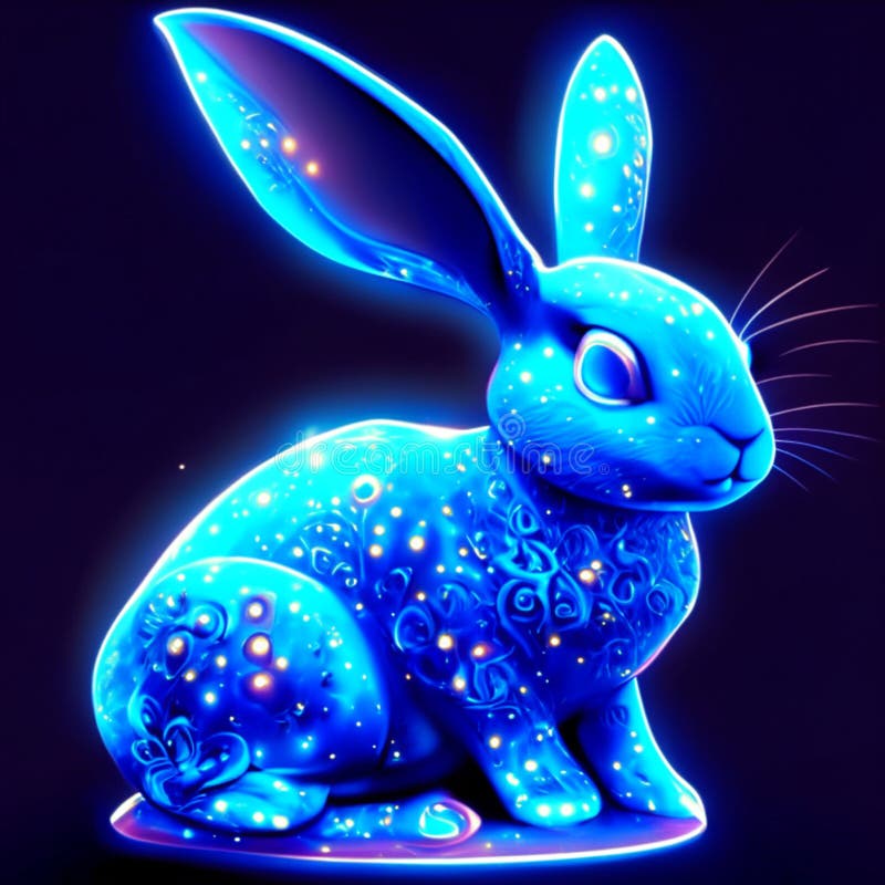 Blue Rabbit with Blue Neon Light on a Black Background. 3d Rendering ...