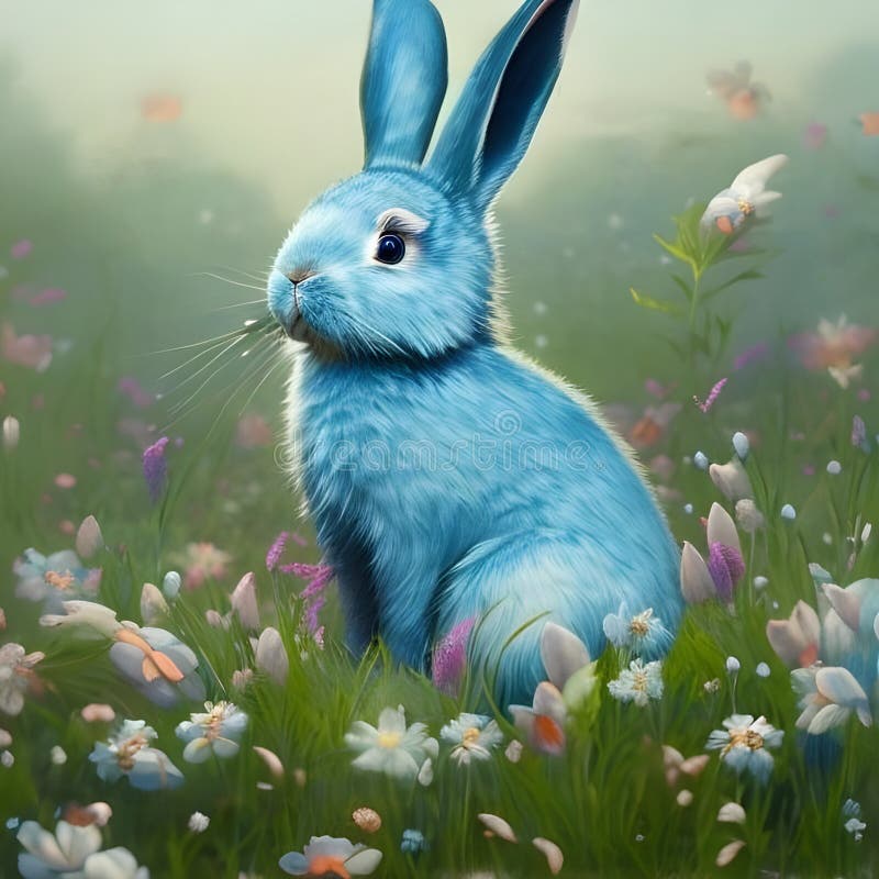 A Blue Rabbit Sits on a Fantasy Flower Meadow Stock Illustration ...