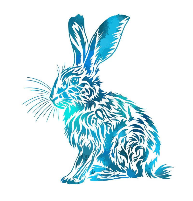 Blue Rabbit Vector Illustration, Isolated on White Background. Hand ...