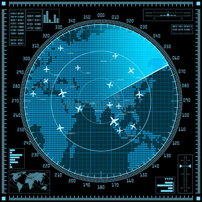 Blue Radar Screen with Planes and World Map Stock Vector - Illustration ...