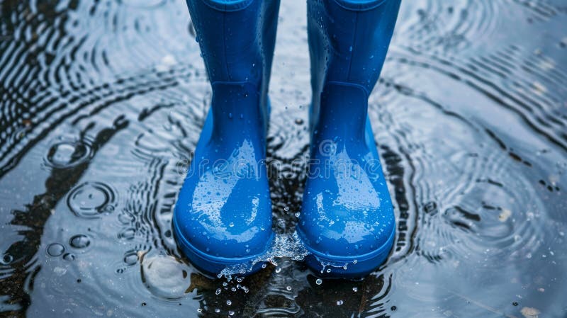 Blue Rain Boots in Water Puddle, Ripples, Reflection Stock Illustration ...