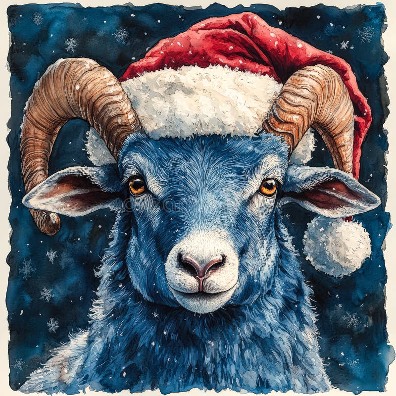 Blue Ram with a Red Hat and a White Snowflake on it Stock Image - Image ...