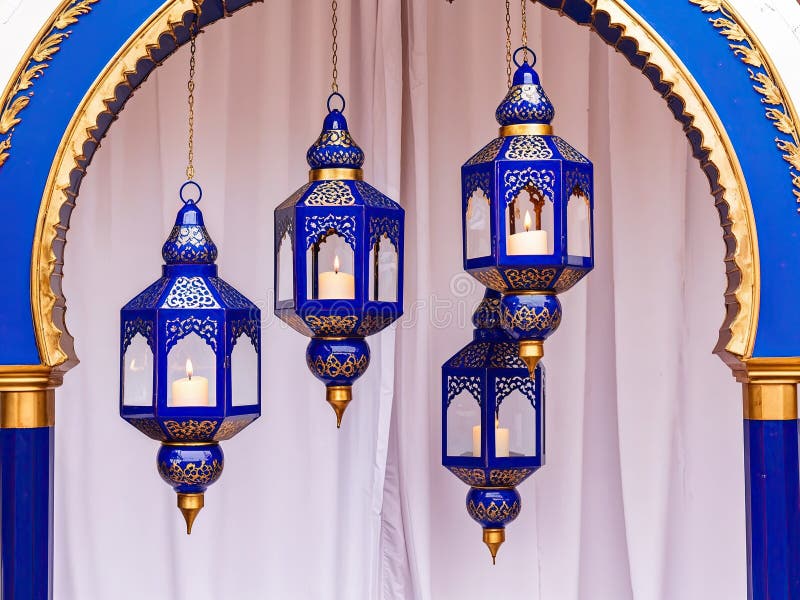 Blue Ramadhan Lantern Hanging on Majestic Blue Islamic Ornament Stock ...
