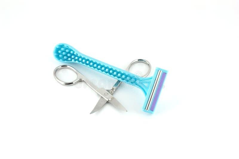 Blue Razors for Woman and Scissors Stock Image - Image of human, manual ...