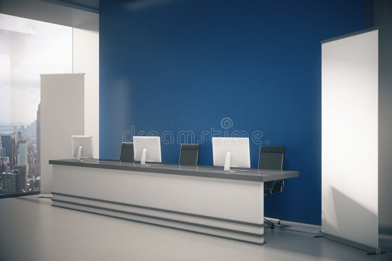 Blue reception desk side stock illustration. Illustration of register ...