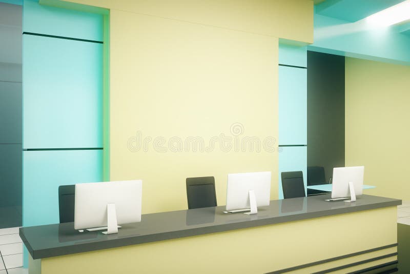Blue Reception Desk with Computer Stock Illustration - Illustration of ...