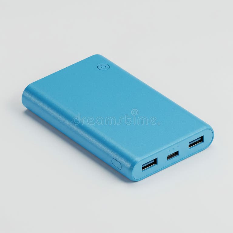 Blue Rectangular Power Bank with Rounded Edges, Featuring Two USB Ports ...
