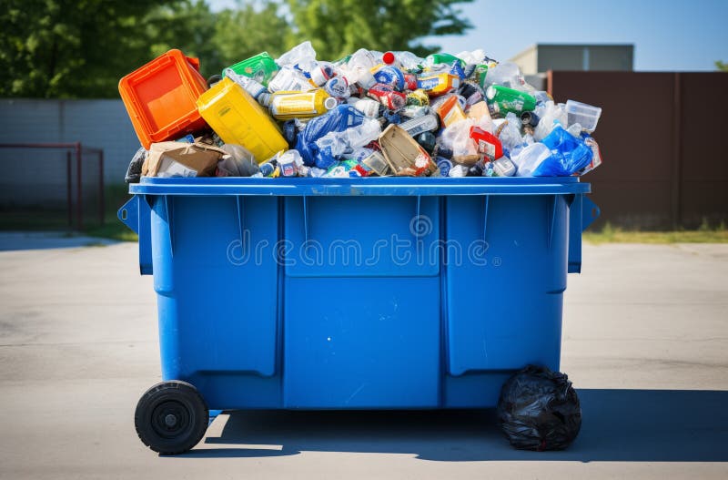Filled Blue Recycling Bin with Various Refuse Stock Illustration ...