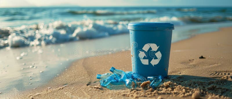 Blue Recycle Bin on a Sandy Beach with Ocean Waves in the Background ...