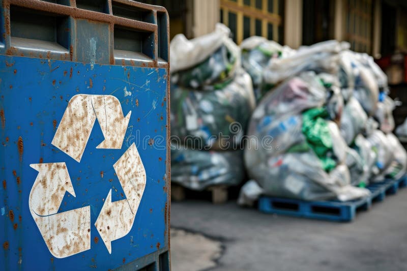 Blue Recycling Bin Near Pile of Trash. Stock Image - Image of litter ...