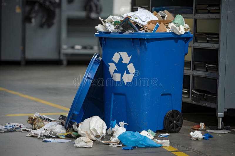 Blue Recycling Bin Overflows with Waste, Highlighting Environmental ...