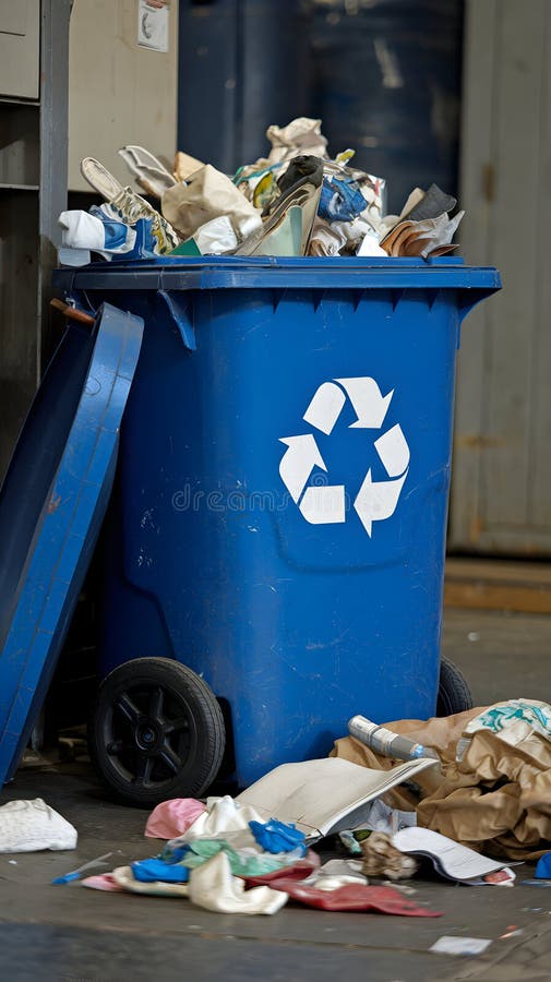 Blue Recycling Bin Overflows with Waste, Highlighting Environmental ...