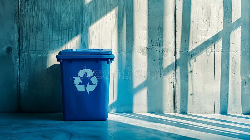 A Blue Recycling Bin with a Recycling Symbol on it Sits on the Ground ...