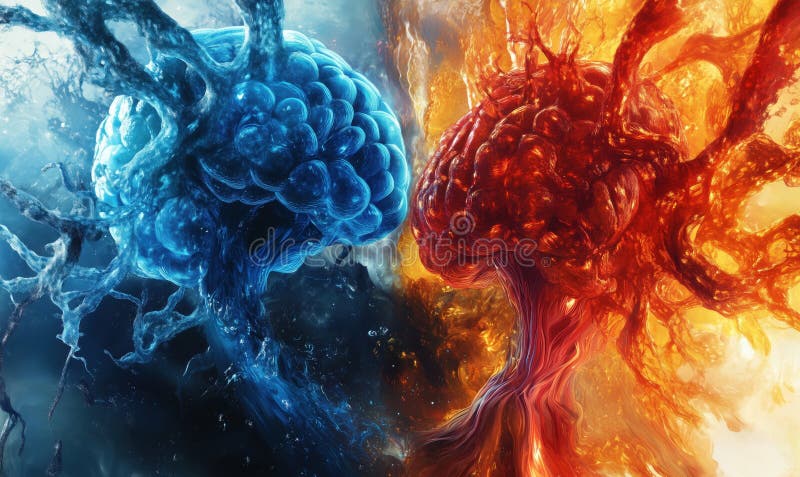 Blue and Red Abstract Brain Representations Symbolizing Duality and ...