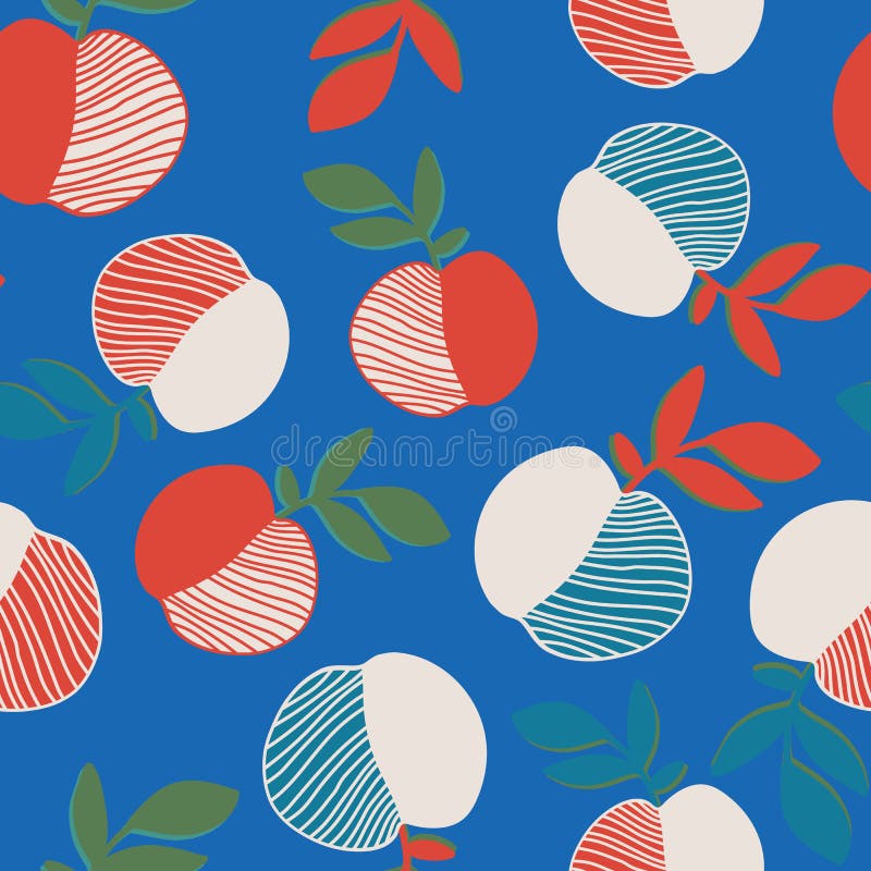 Blue with Red, Blue Apples with White Stripes Seamless Pattern ...