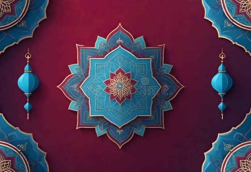 A Blue and Red Background with an Islamic Pattern and Ornament Design ...