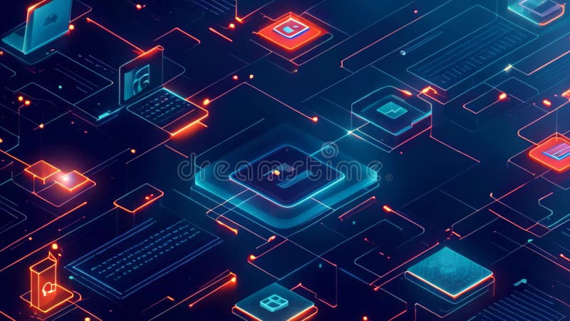 Blue and Red Background with Various Electronic Devices, a Flowchart ...