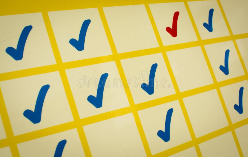 Blue and Red Checkmarks in Yellow Grid Stock Image - Image of correct ...
