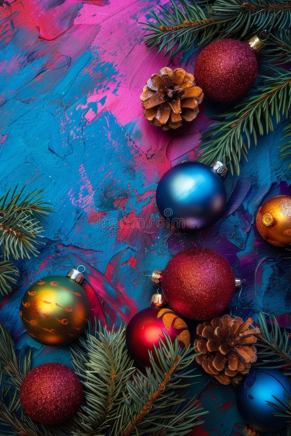 A Blue and Red Christmas Tree with Many Ornaments Including a Pine Cone ...