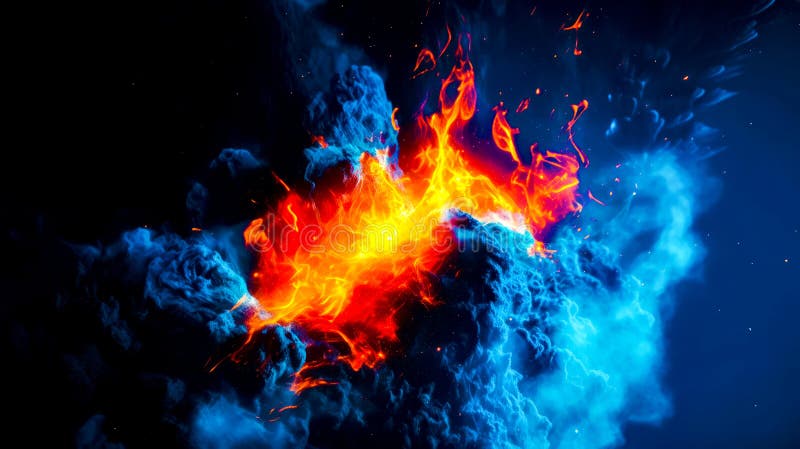 Blue and Red Cloud Filled with Fire and Smoke on Black Background ...