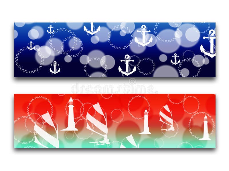 Blue and Red Colorful Sea Banners with Lighthouse Stock Illustration ...