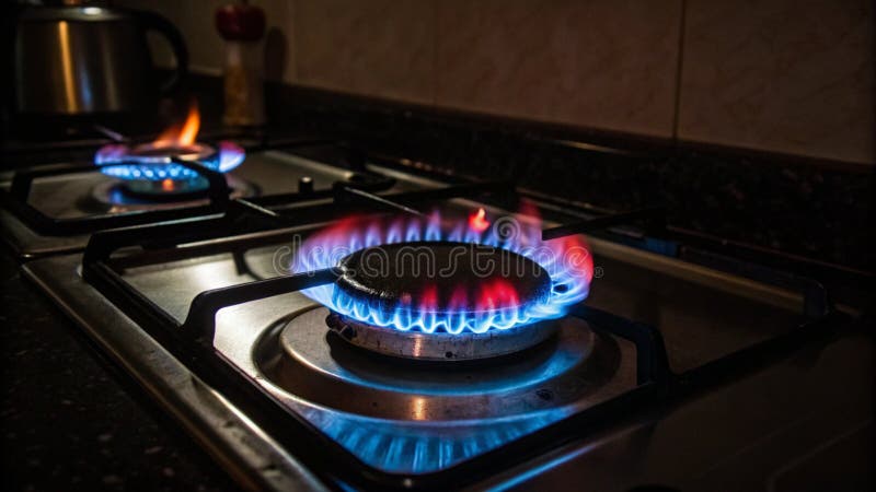 Blue and Red Gas Stove Flames in Dark Stock Illustration - Illustration ...