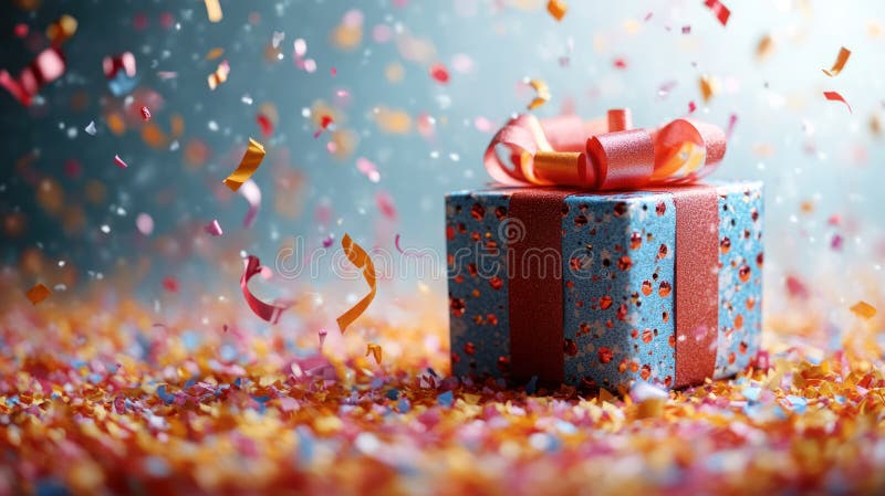 A Blue and Red Gift Box with a Pink Bow Sits on a Bed of Colorful ...