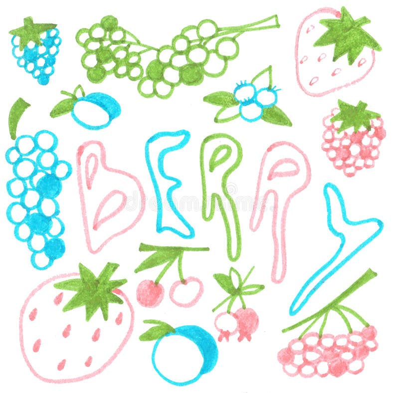 Blue, Red and Green Berries Doodle Sketch Stock Illustration ...