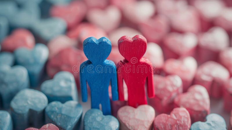 Blue and Red Human Figurines Holding Hands among Crowd of Figurines ...